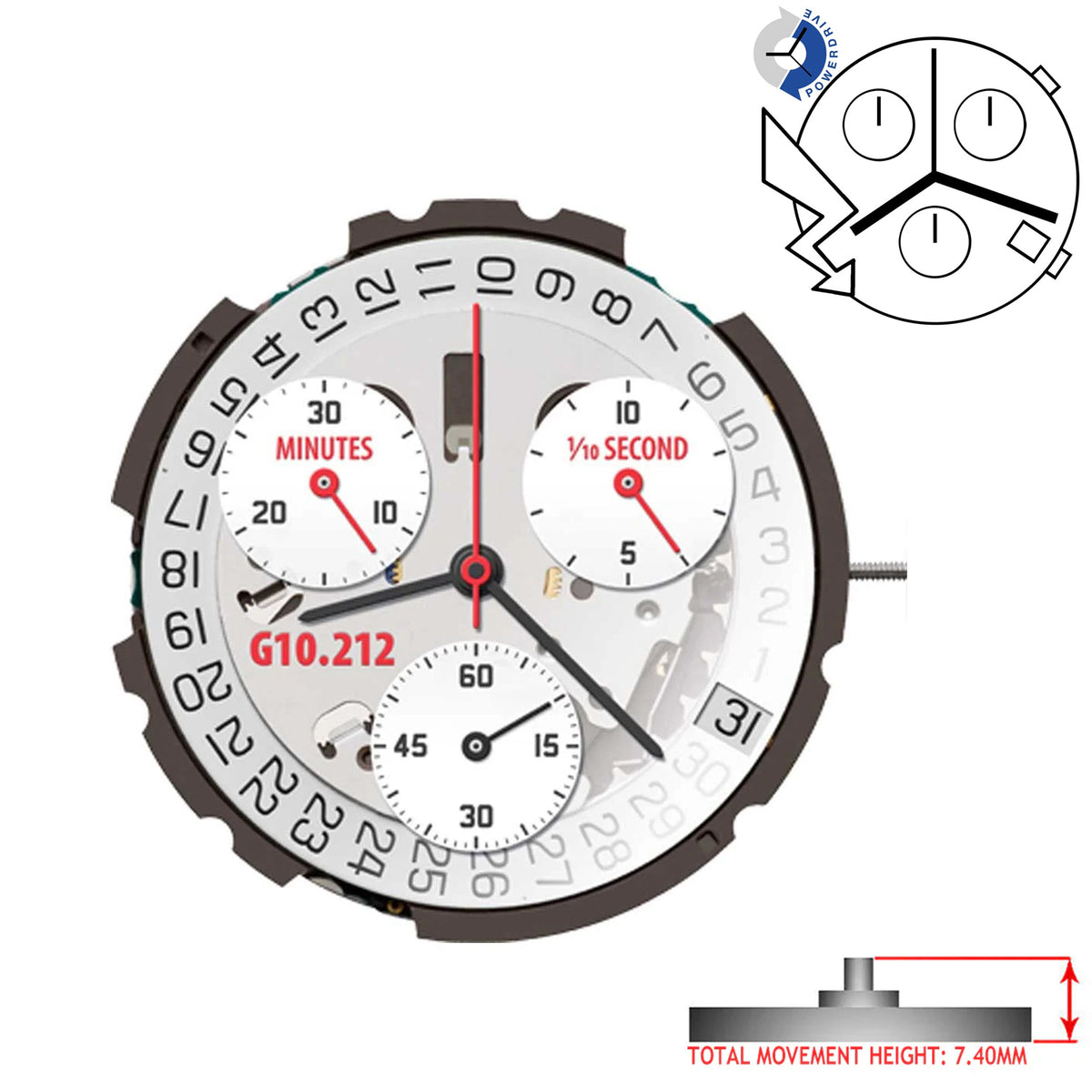 ETA G10.212 3 Hands Swiss Made Chronograph Movement Ht. 7.40MM (Variou ...