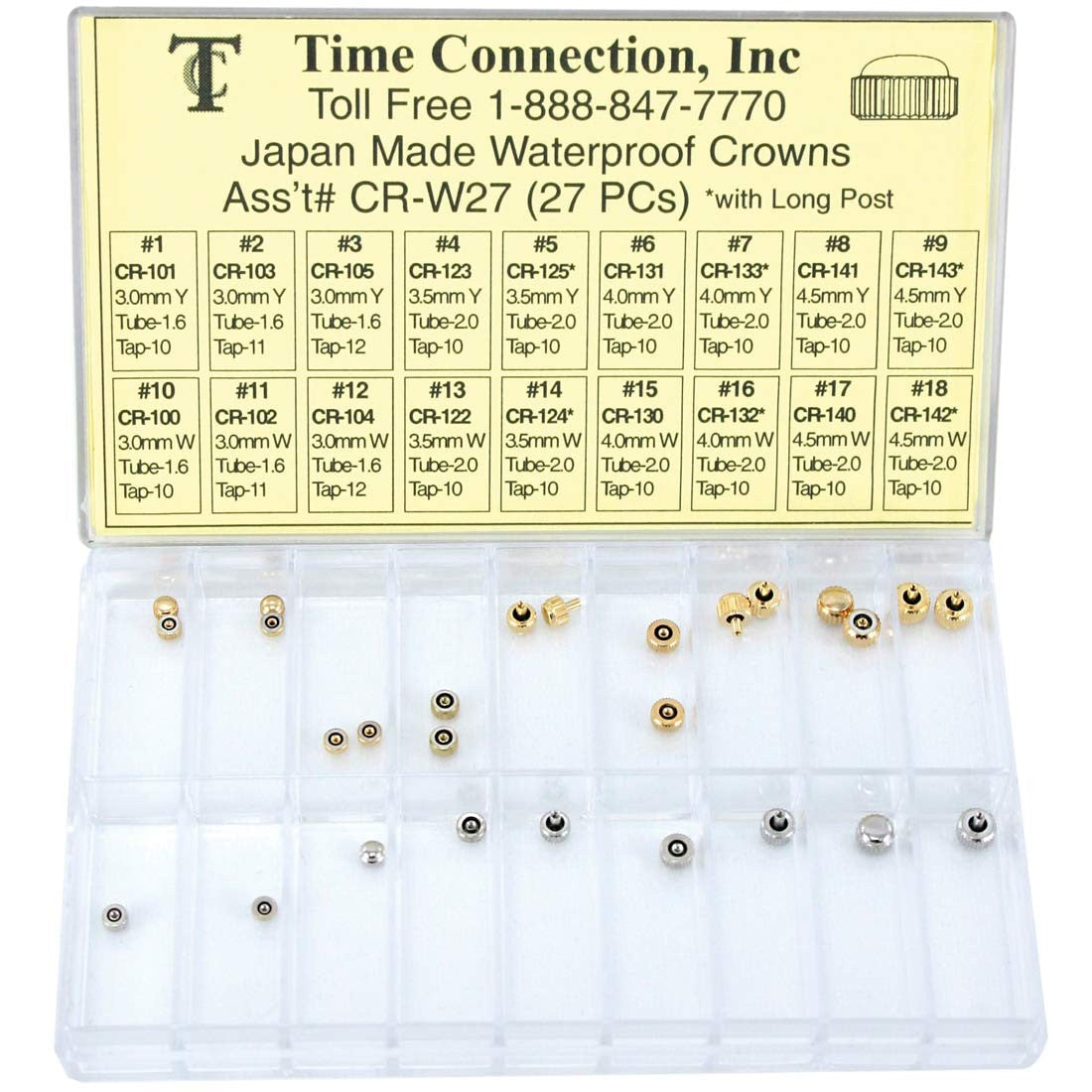 CR-W27, Mircon Gold Waterproof Crowns Assortment – Time Connection II, Inc