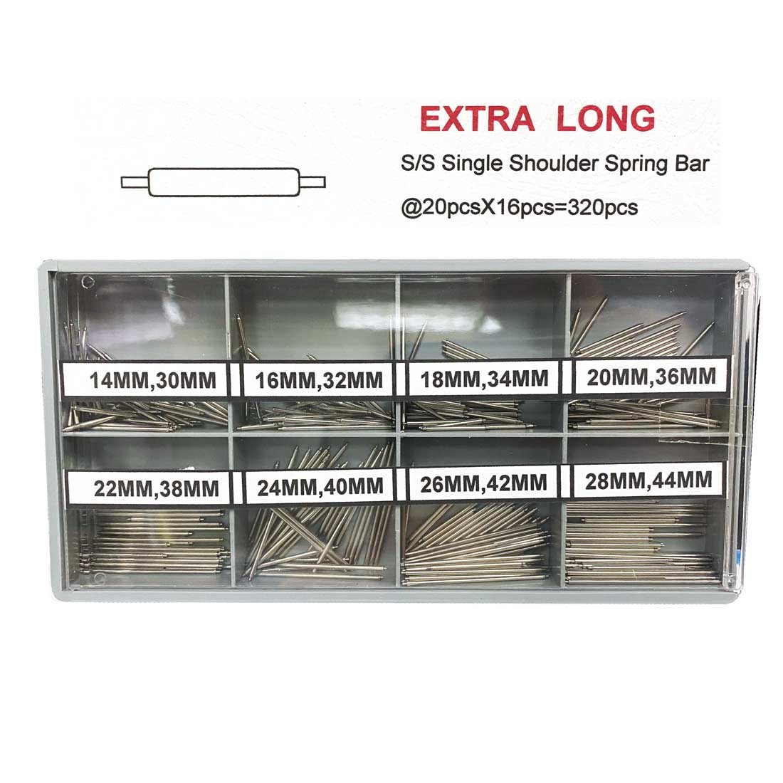 Extra Long 1.5mm Single Shoulder S/S Spring Bar Assortment (14mm-44mm ...